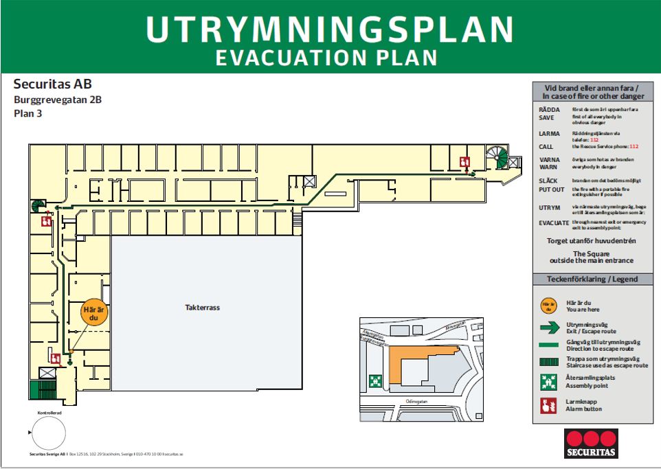Utrymningsplan 2D, A3 storlek - securitas